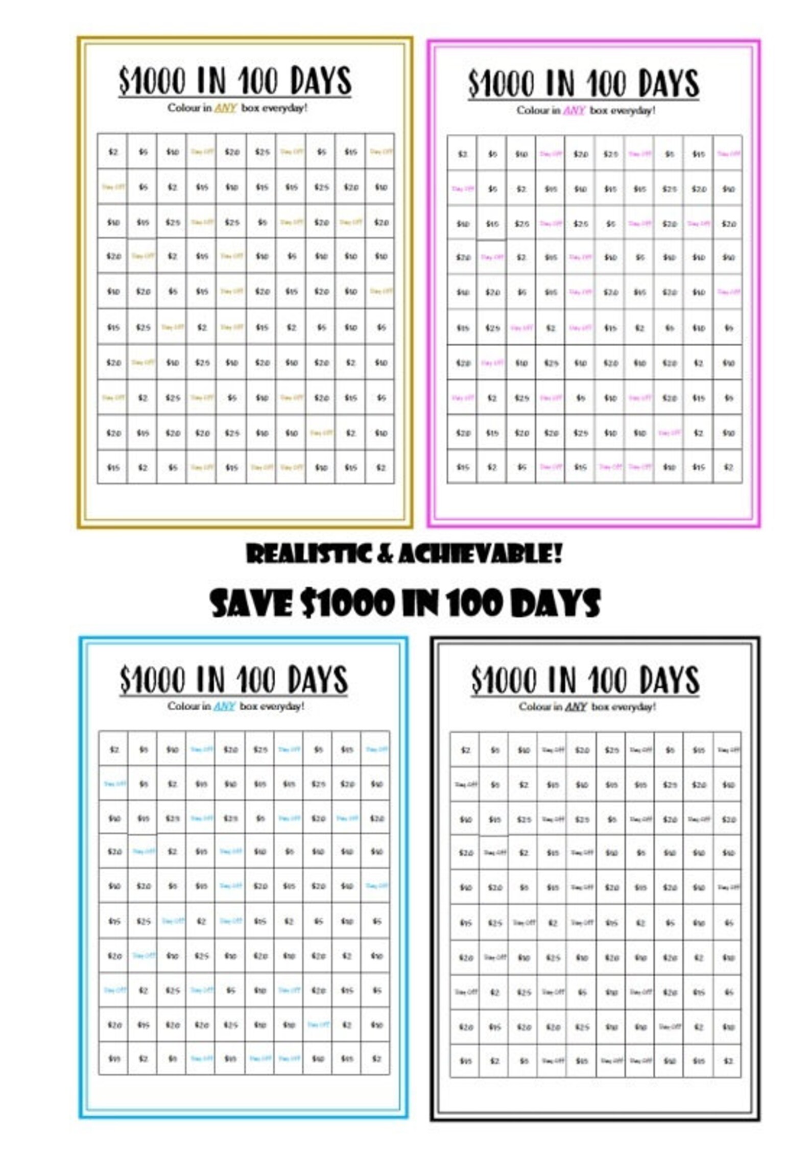 The Achievable Saving Chart Save 1000 Dollars in 100 Days - Etsy