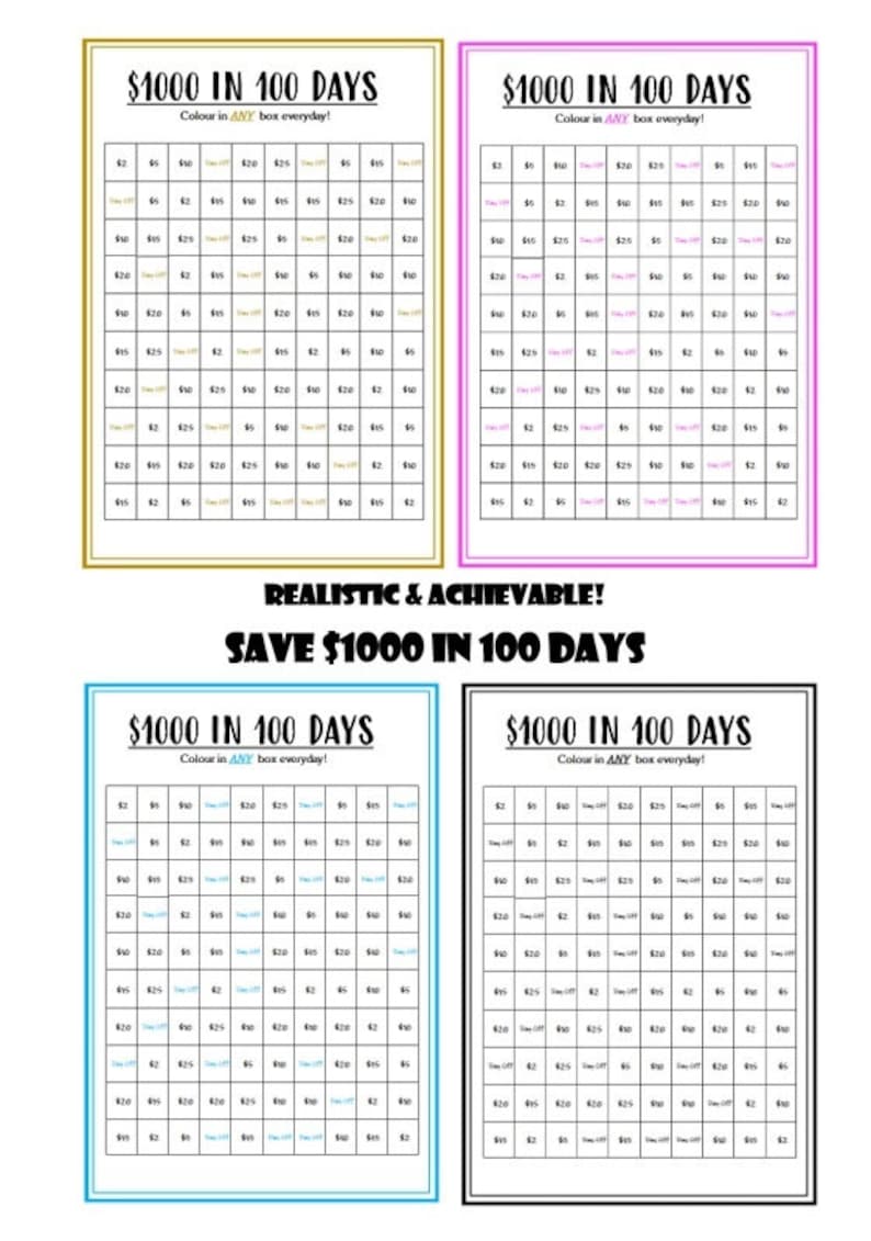 The Achievable Saving Chart Save 1000 Dollars in 100 Days - Etsy