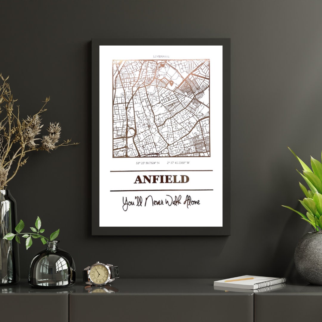 Anfield Foil Map Print, Liverpool Map, Liverpool Prints, Football Foil ...