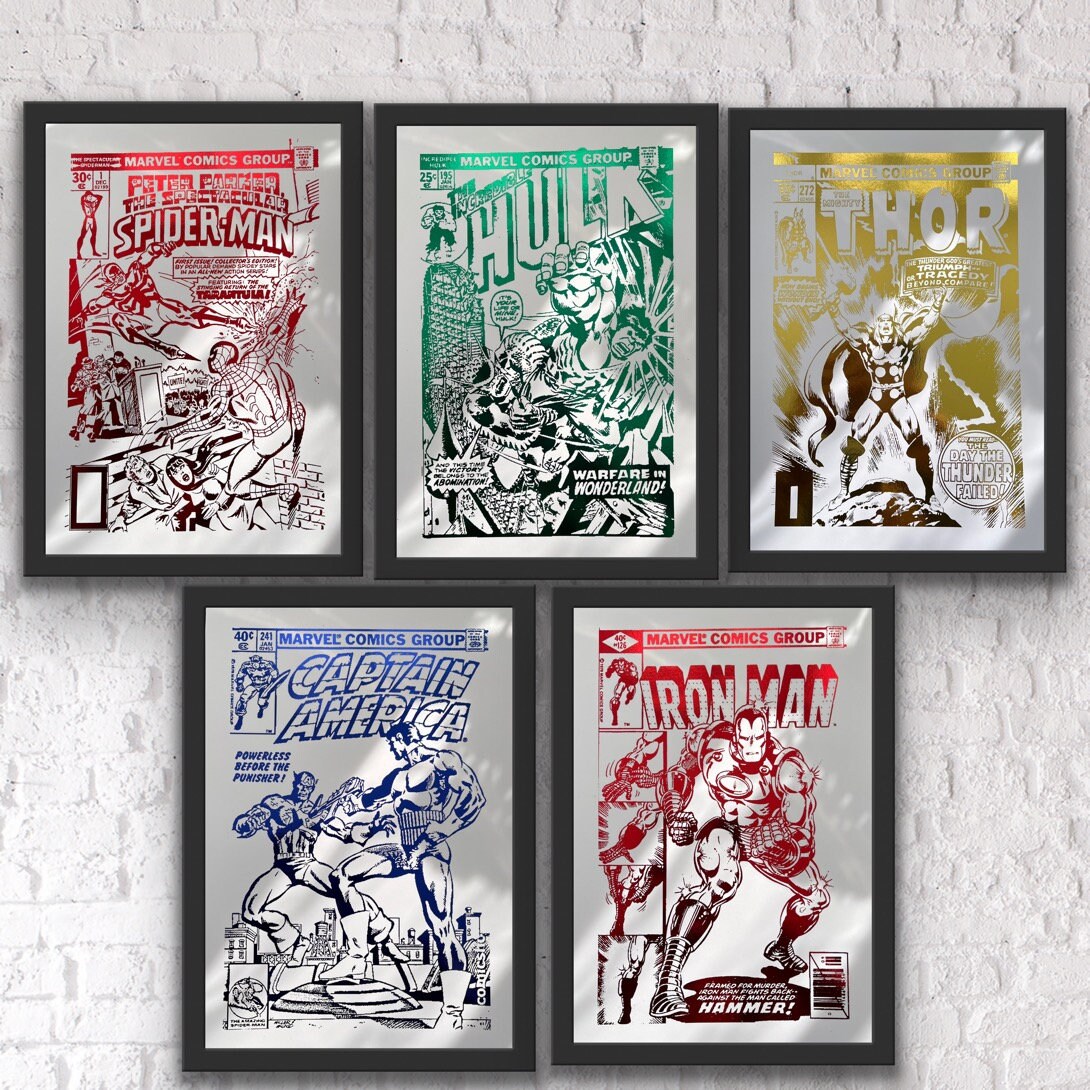 Set of 5 Comic Cover Foil Prints, Superhero Prints, Spider Man Gifts ...