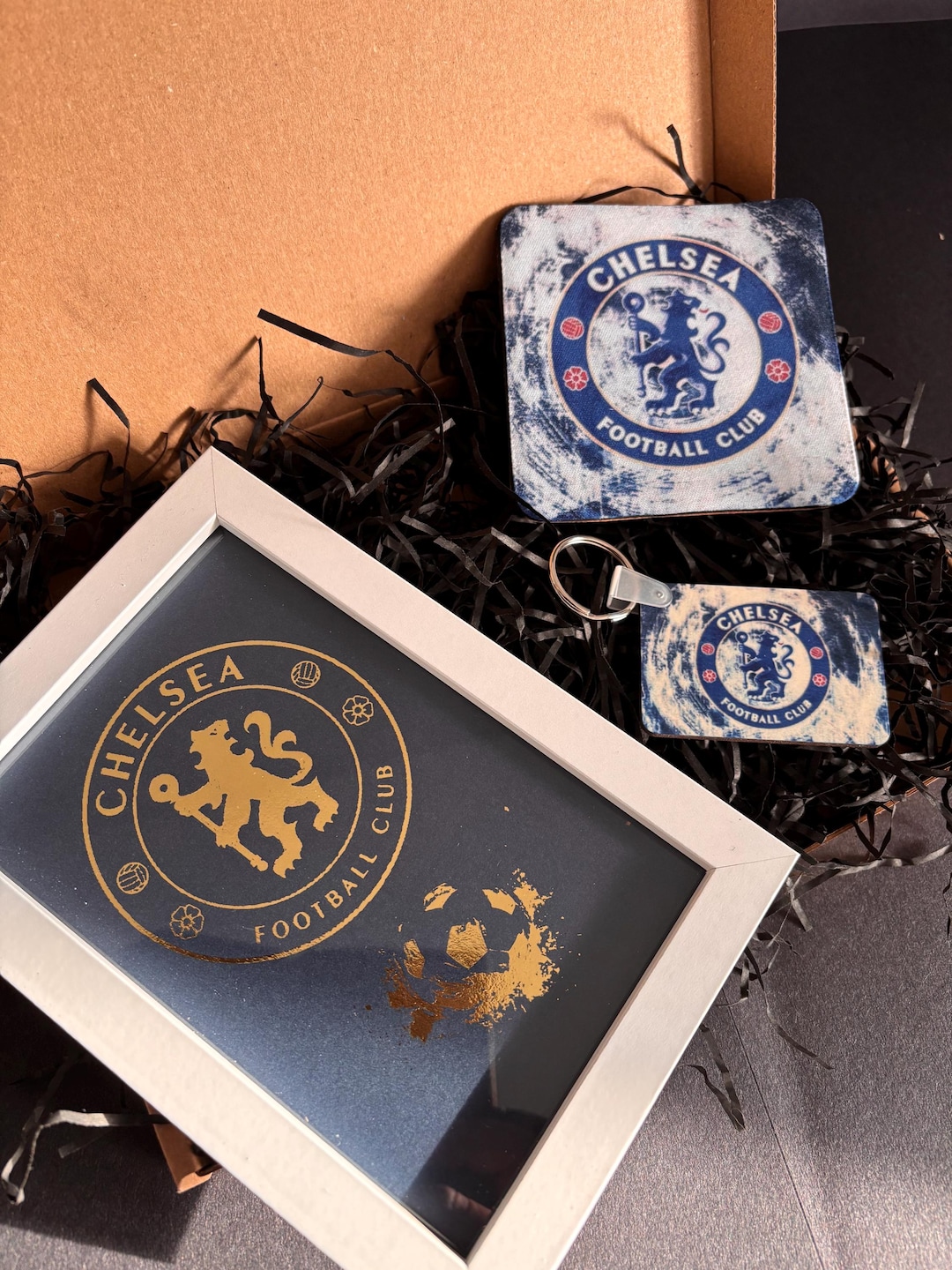 Chelsea FC Gift Set, Navy & Gold Foil Print, Keyring, Coaster, Perfect ...