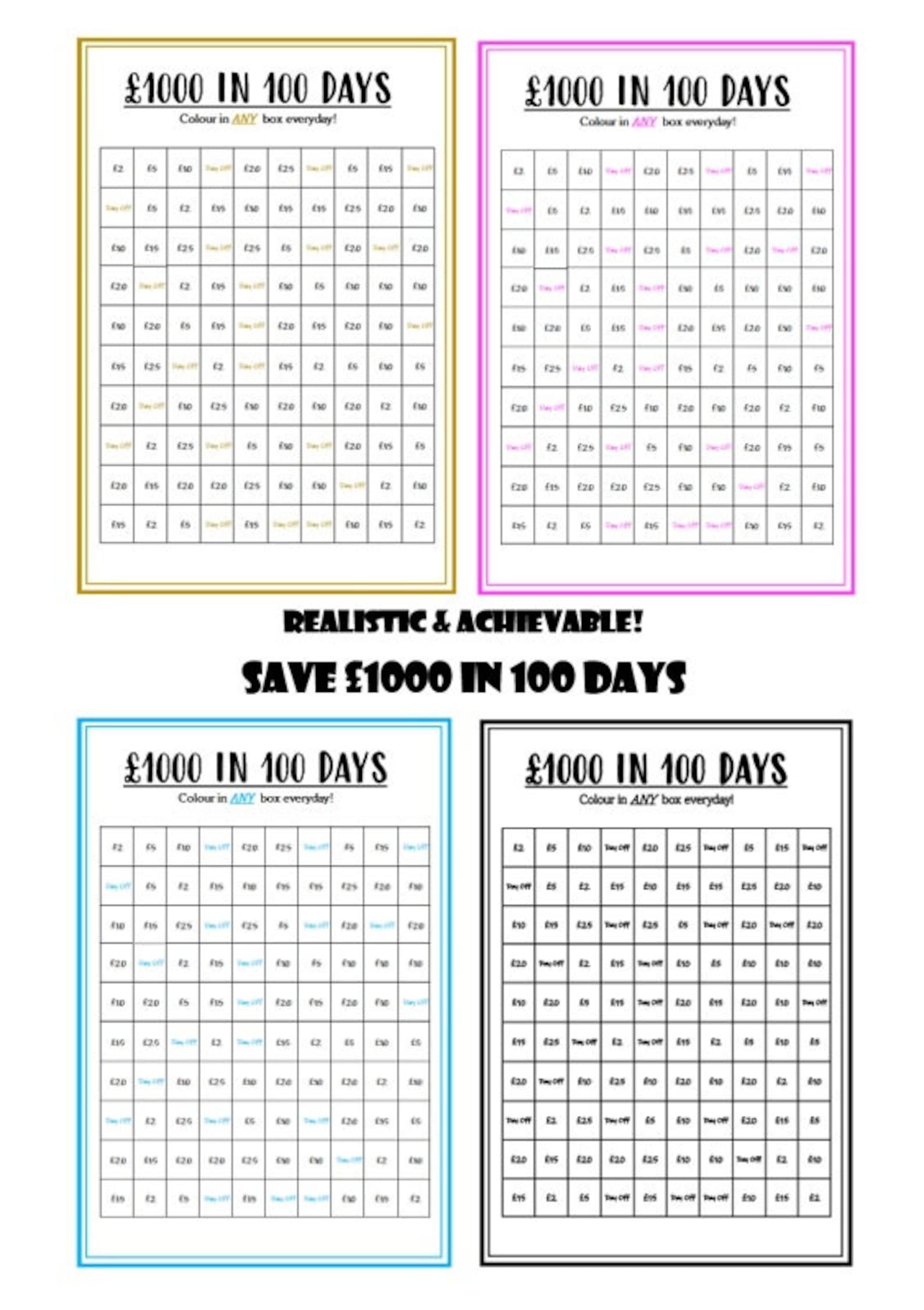 The Achievable Saving Chart, Save 1000 Pounds in 100 Days, Includes ...
