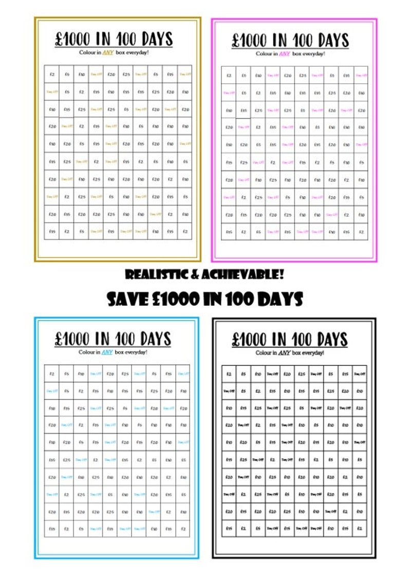 The Achievable Saving Chart Save 1000 Pounds in 100 Days - Etsy