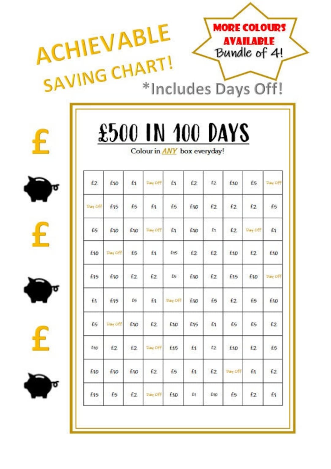 The Achievable & Realistic Saving Chart, Save 500 Pounds in 100 Days ...