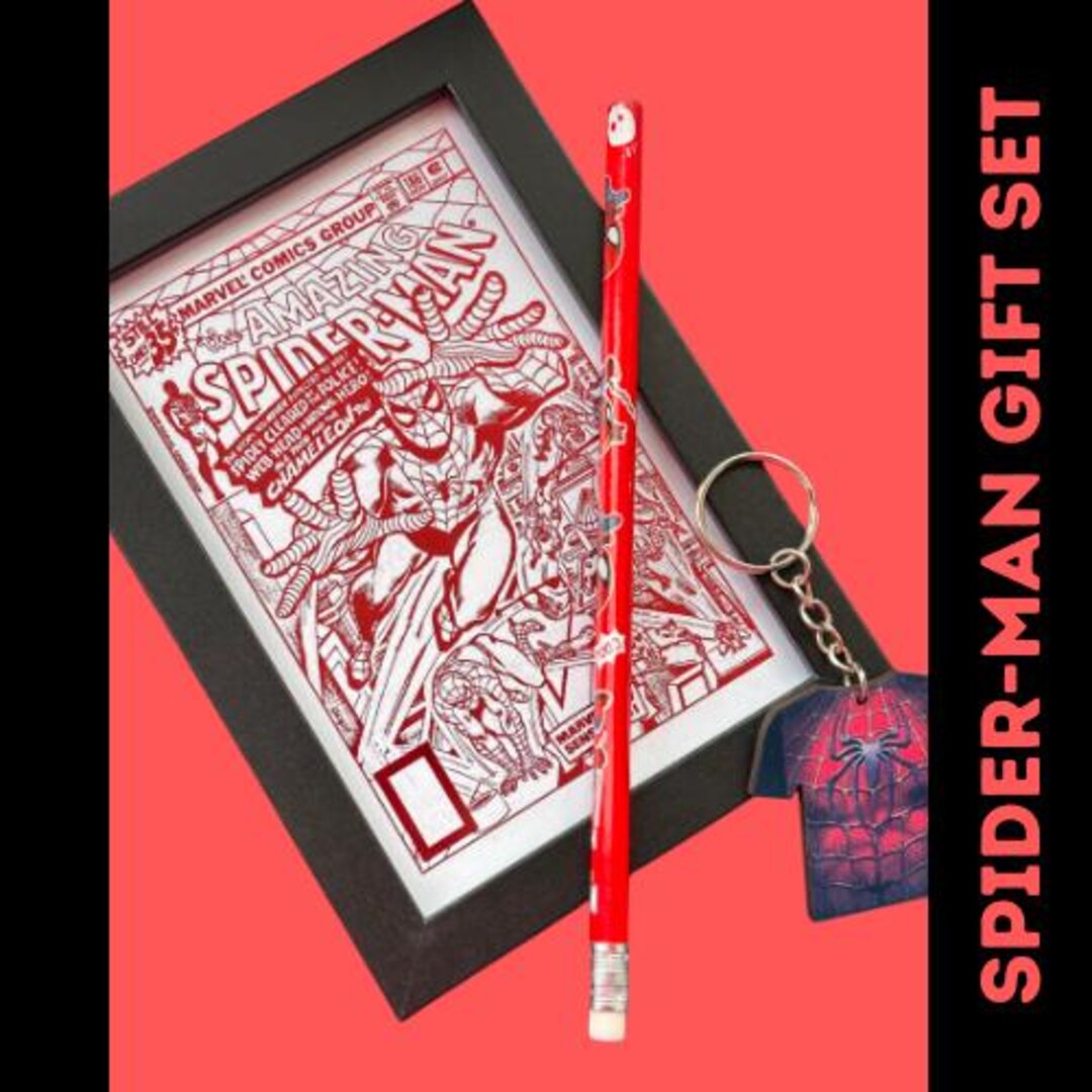 Spider-man Gift Set, 4x6 Red Comic Cover Foil Print, Spider-man Keyring ...