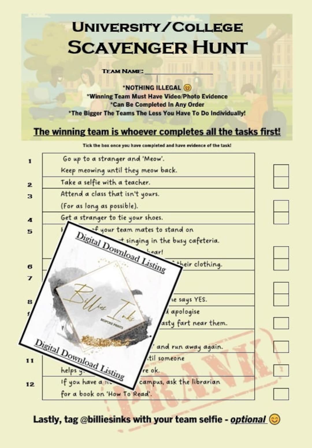 College Scavenger Hunt: Fun Team Games on Campus (PDF) - Etsy