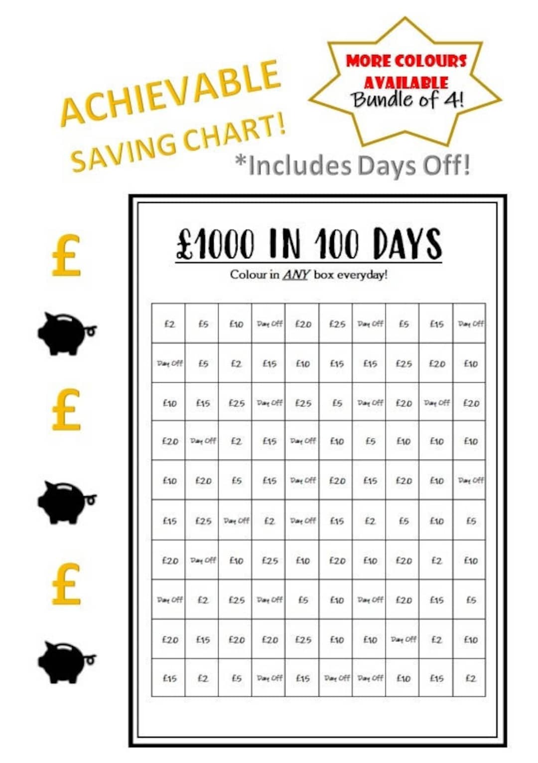 The Achievable Saving Chart, Save 1000 Pounds in 100 Days, Includes ...
