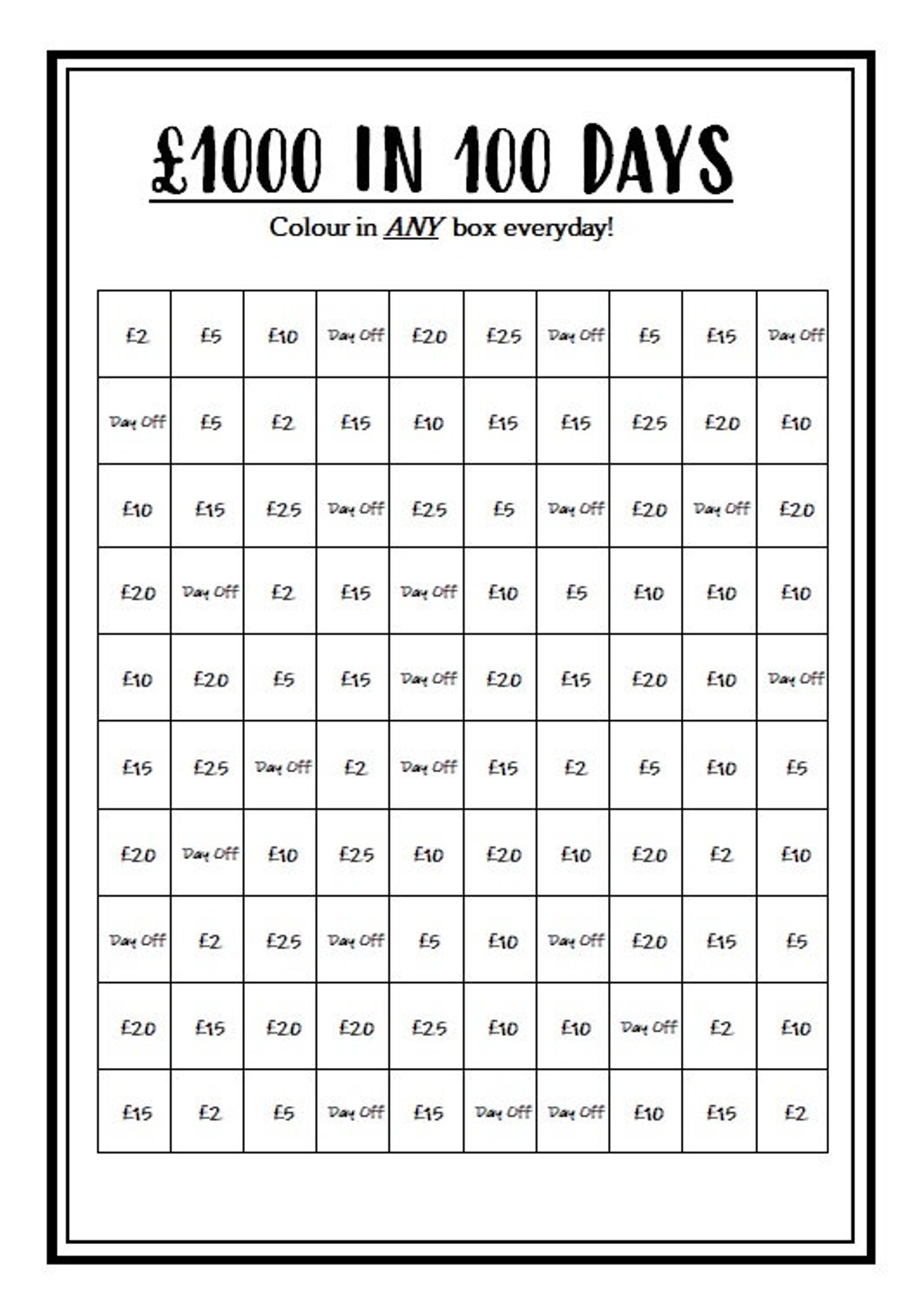The Achievable Saving Chart Save 1000 Pounds in 100 Days - Etsy