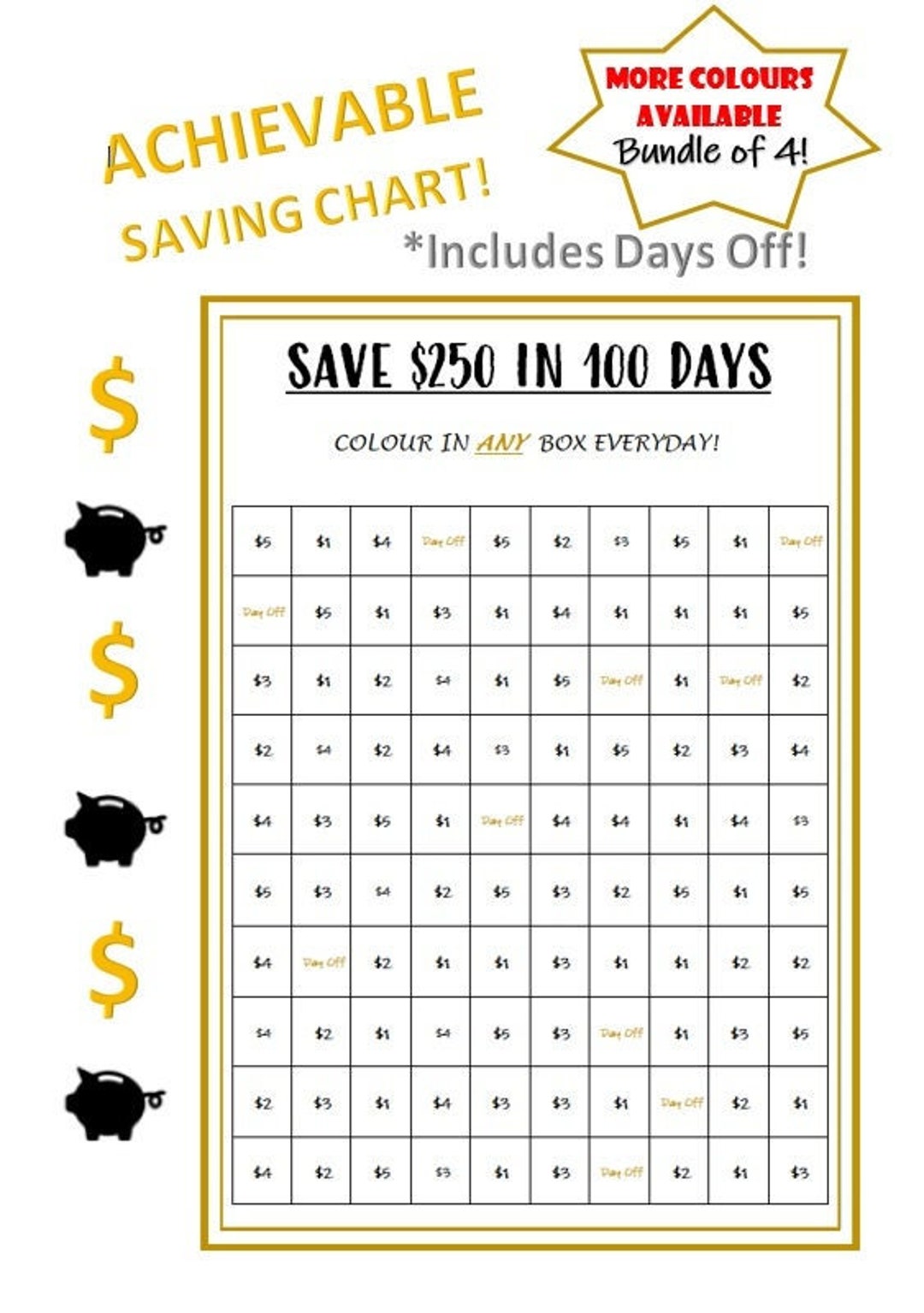 The Achievable & Realistic Saving Chart, Save 250 Dollars in 100 Days ...