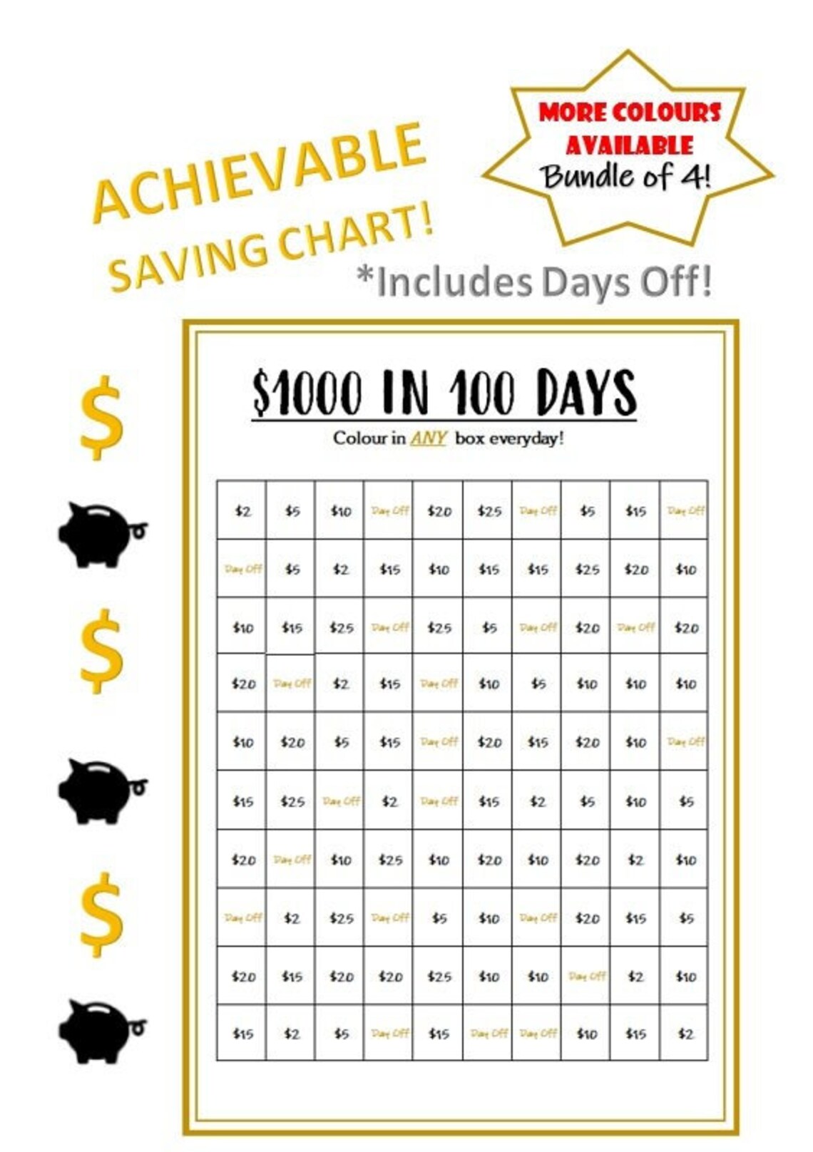 The Achievable Saving Chart, Save 1000 Dollars in 100 Days, Includes ...