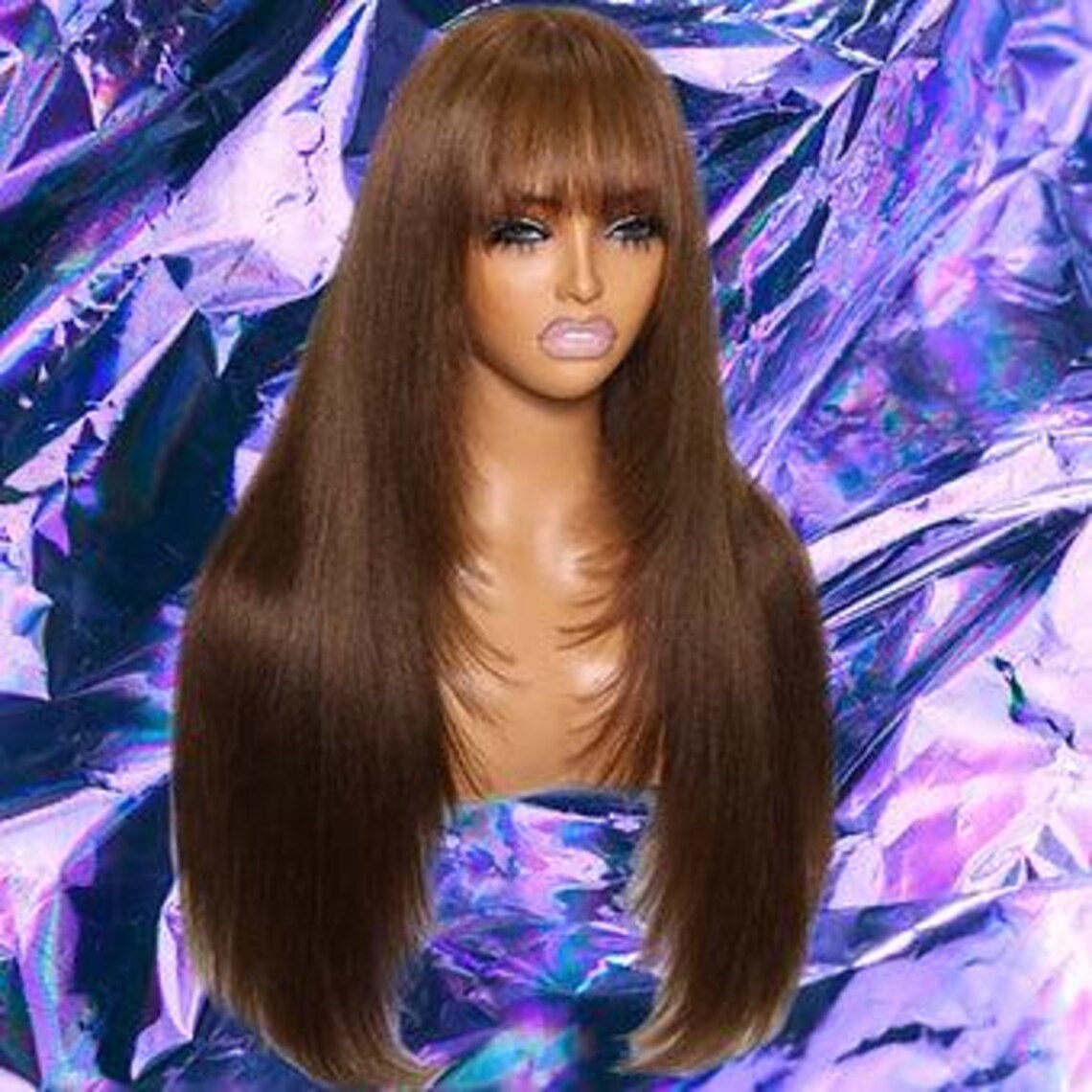 Bella Chocolate Brown Bang Straight Human Hair Lace Front Wig - Etsy