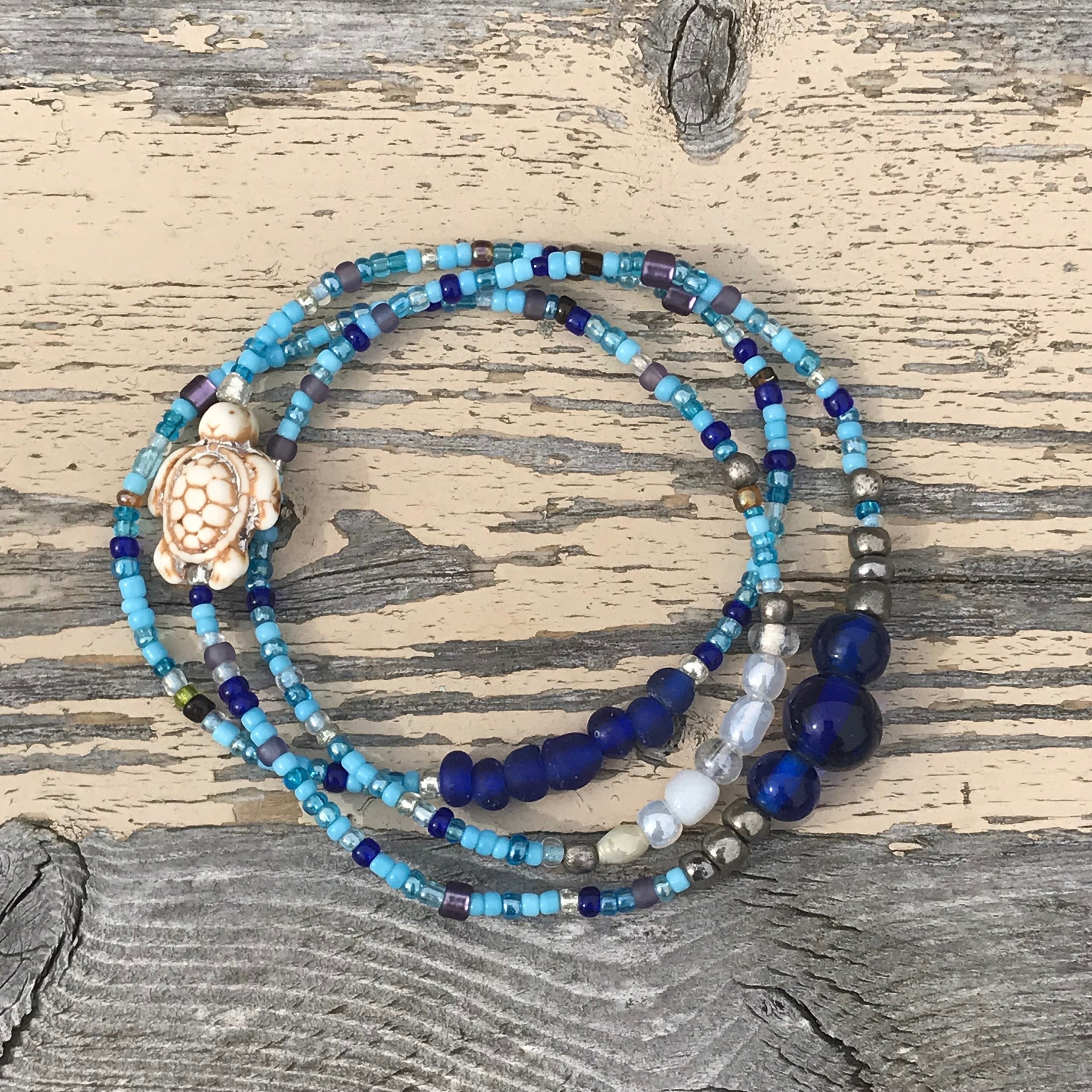 Sea Turtle Wrap Bracelet / Necklace With Blue Seed Beads and Vintage ...