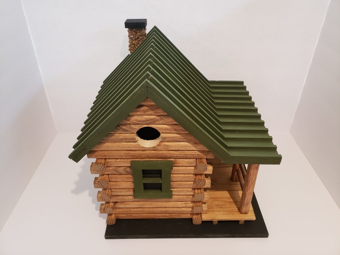 Hand Crafted Log Cabin Bird House with Stone Chimney | Etsy