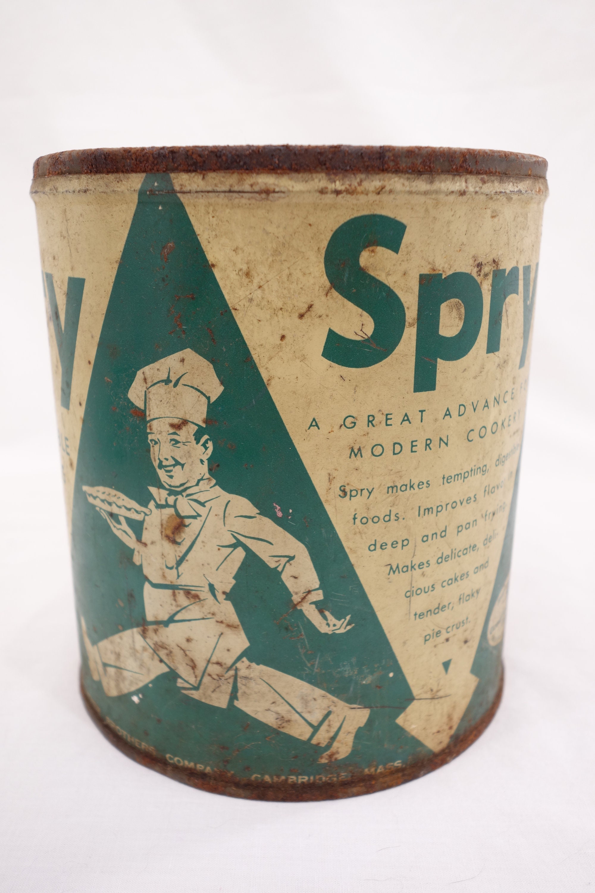 Antique 1940's Spry Pure Vegetable Shortening Baking Kitchen Tin Lever ...