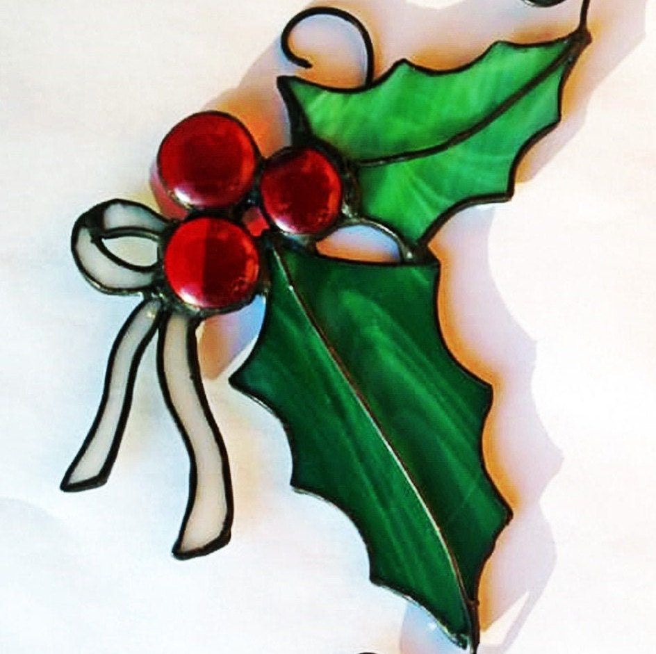 Stained Glass Suncatcher Holly Leaf And Berry Window Hanging Etsy