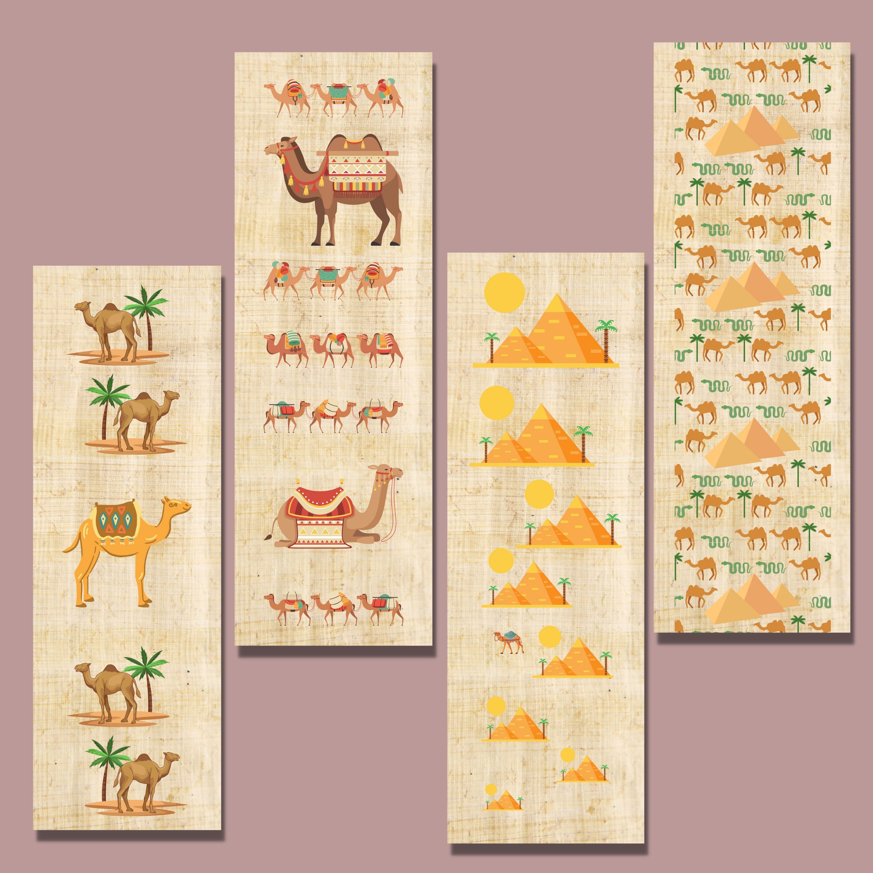 Set of 4 Bookmarks, Egyptian Camel Art on Papyrus Paper, Instant ...
