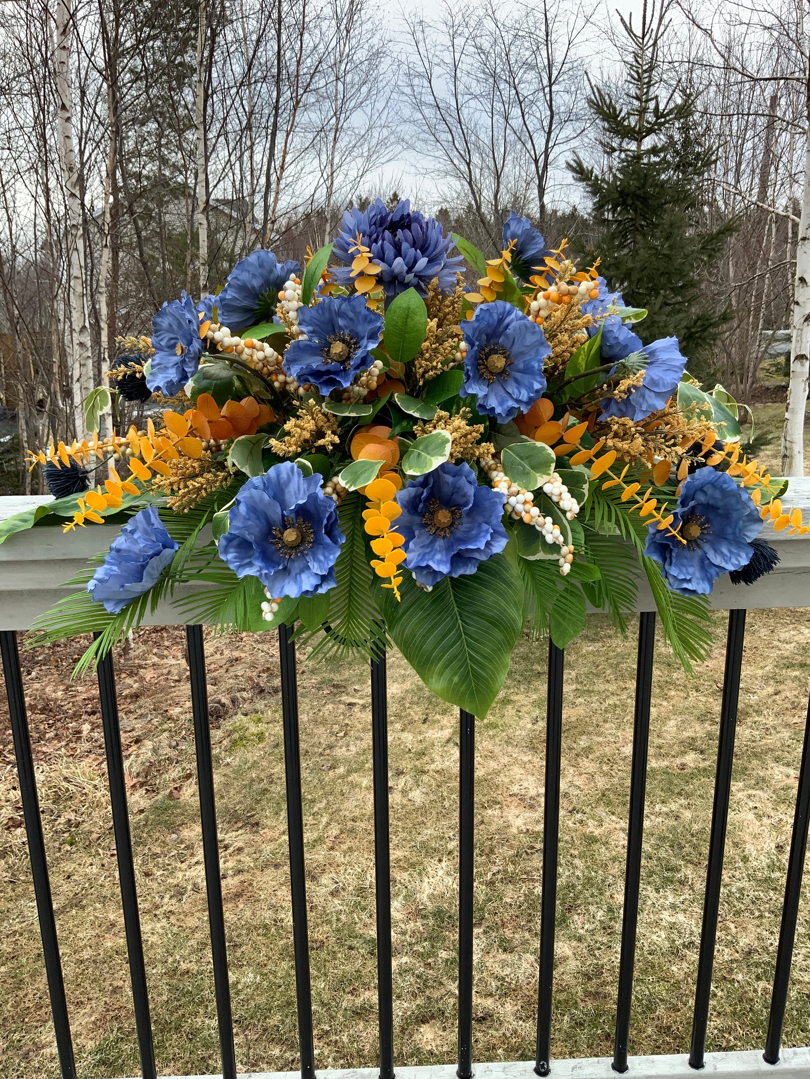 Blue Cemetery Headstone Saddle, Memorial Flowers for Gravestone ...