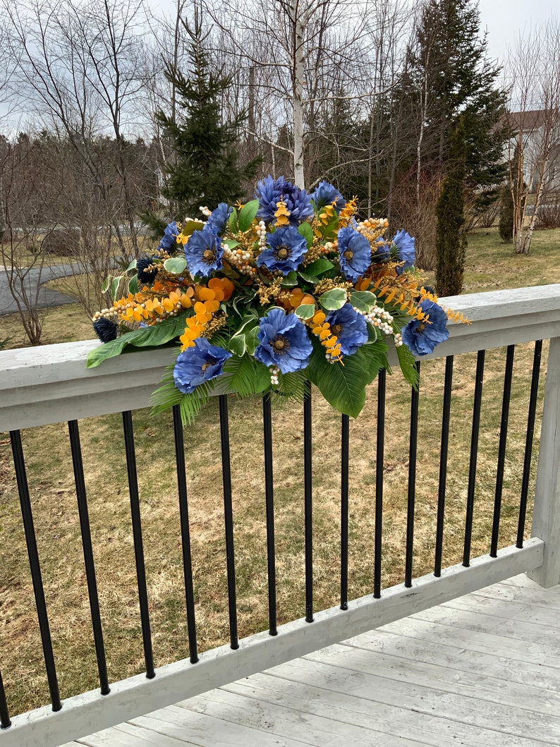 Blue Cemetery Headstone Saddle, Memorial Flowers for Gravestone ...