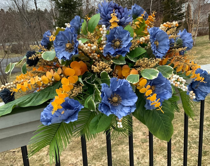 Blue Cemetery Headstone Saddle, Memorial Flowers for Gravestone ...