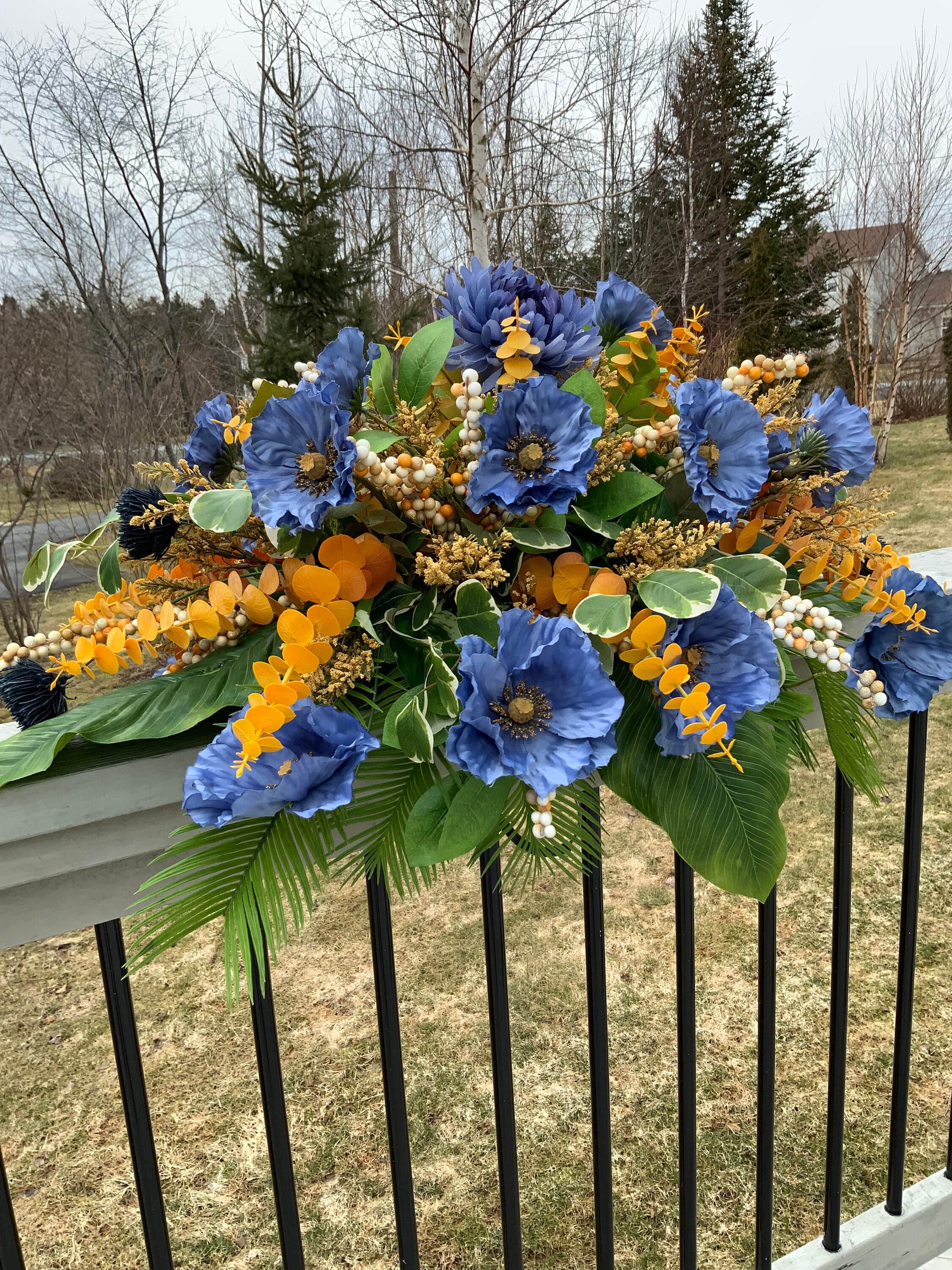 Blue Cemetery Headstone Saddle, Memorial Flowers for Gravestone ...