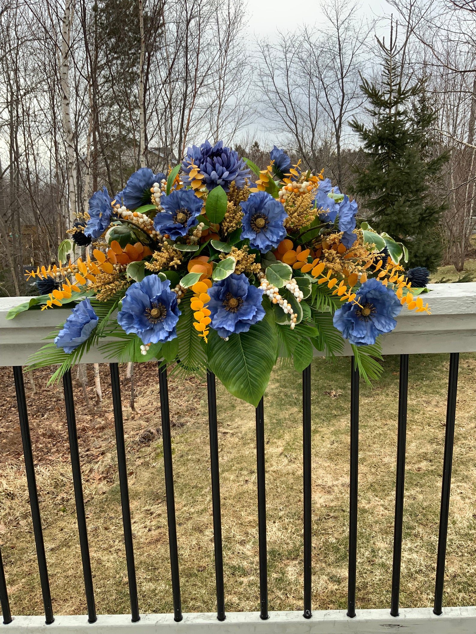 Blue Cemetery Headstone Saddle, Memorial Flowers for Gravestone ...
