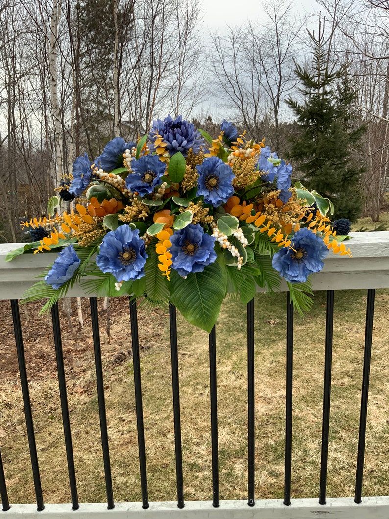 Blue Cemetery Headstone Saddle, Memorial Flowers for Gravestone ...