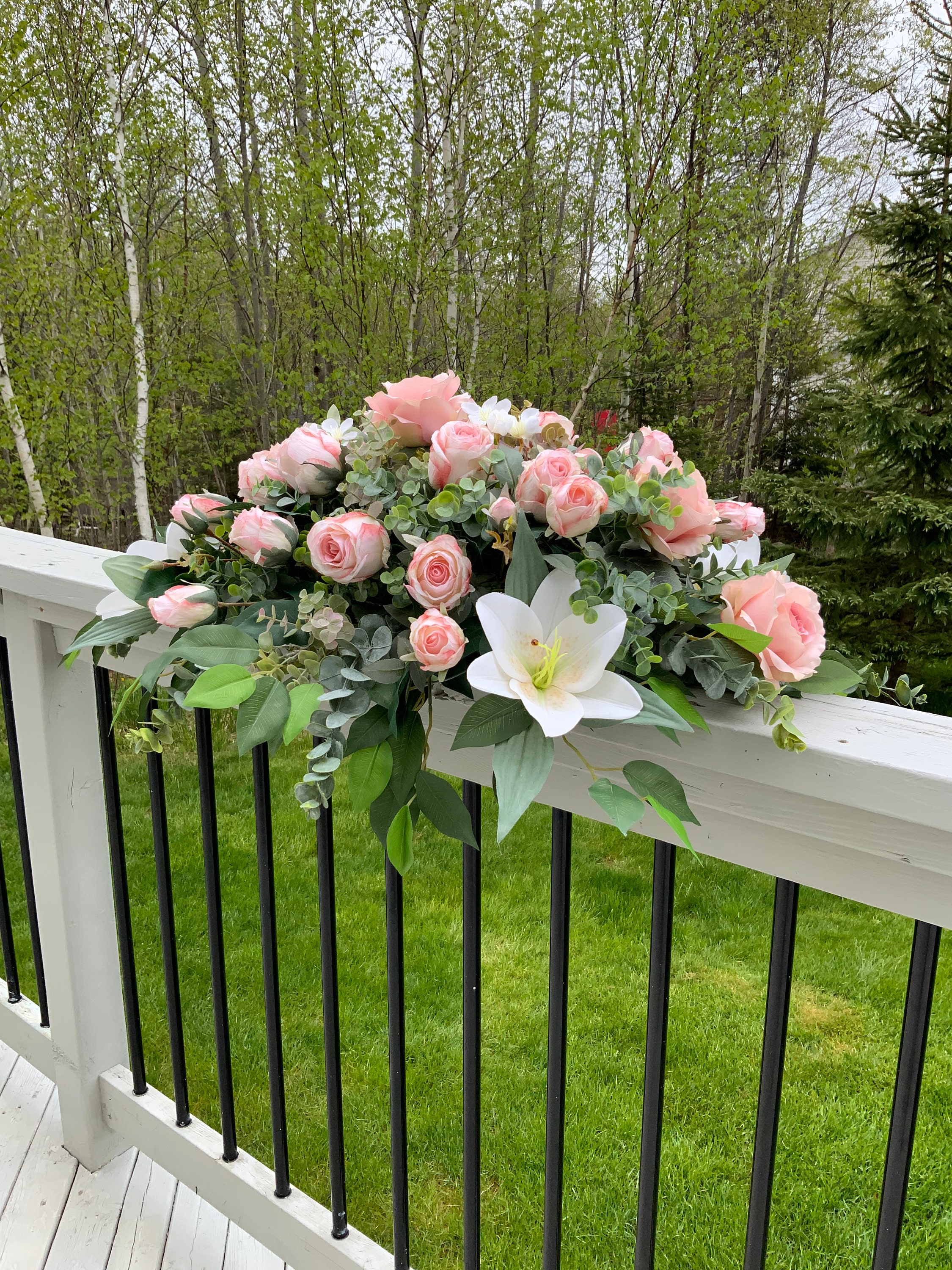 Blush Pink Rose and Lily Headstone Topper, Cemetery Memorial Flower ...