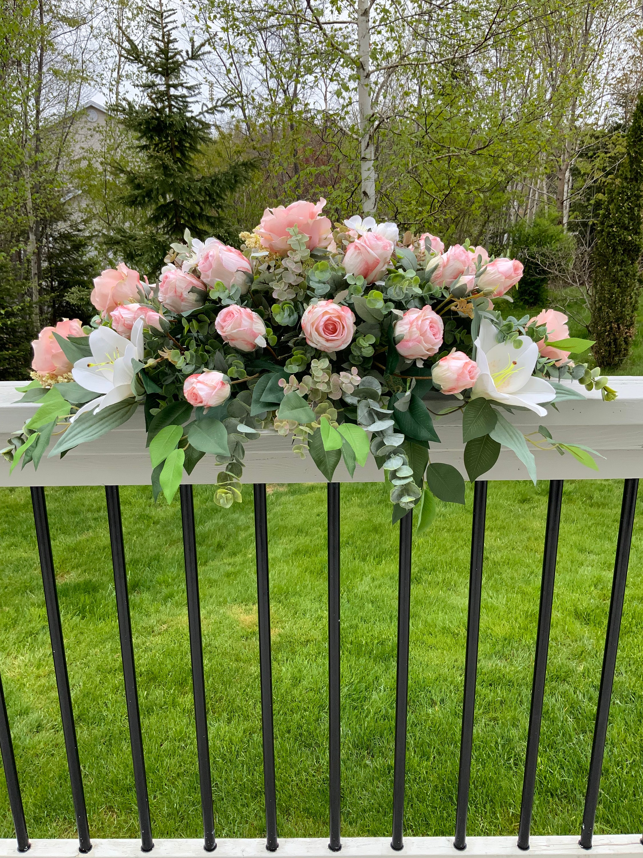 Blush Pink Rose and Lily Headstone Topper, Cemetery Memorial Flower ...