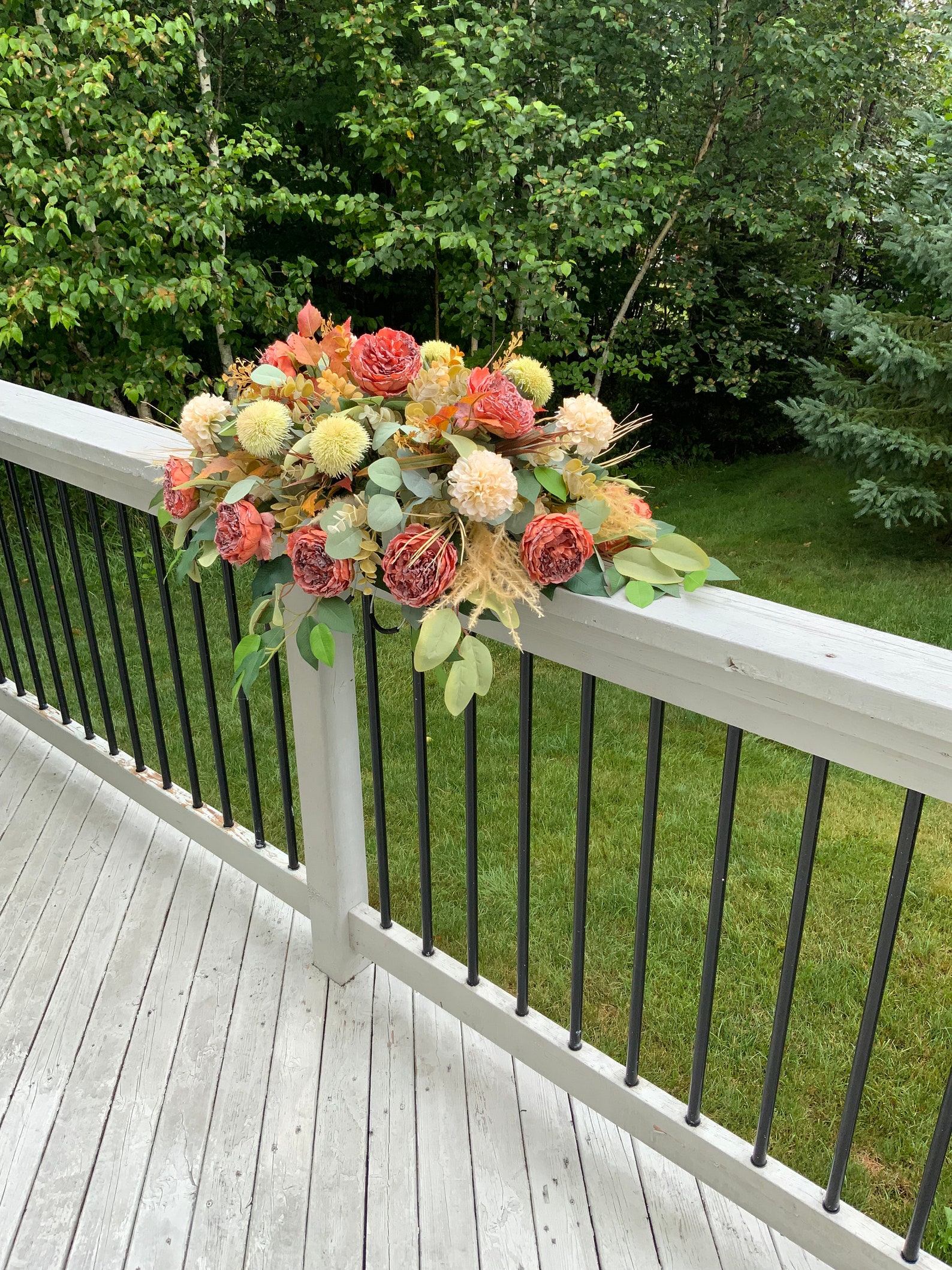 Rust Fall Headstone Saddle, Double Autumn Peony Gravestone Pillow, Floral Memorial Monument Clip ...