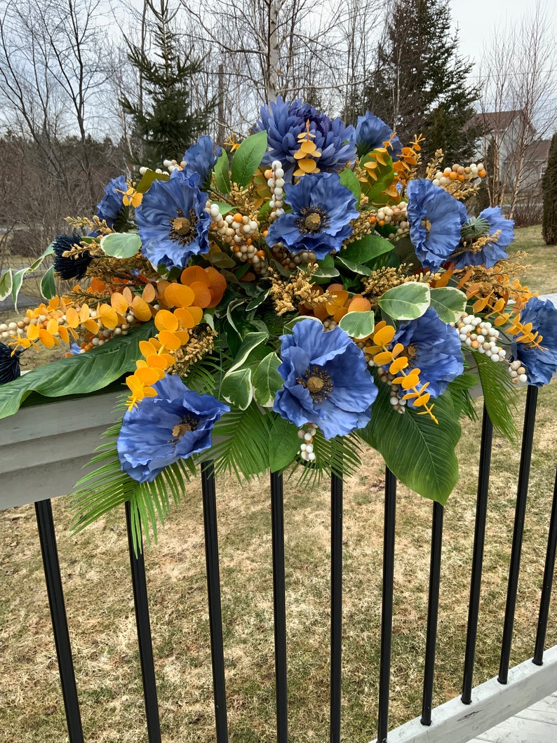 Blue Cemetery Headstone Saddle, Memorial Flowers for Gravestone ...