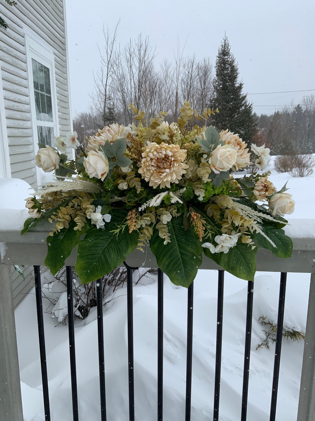 Double Neutral Headstone Saddle, Gravesite Flower Arrangement ...
