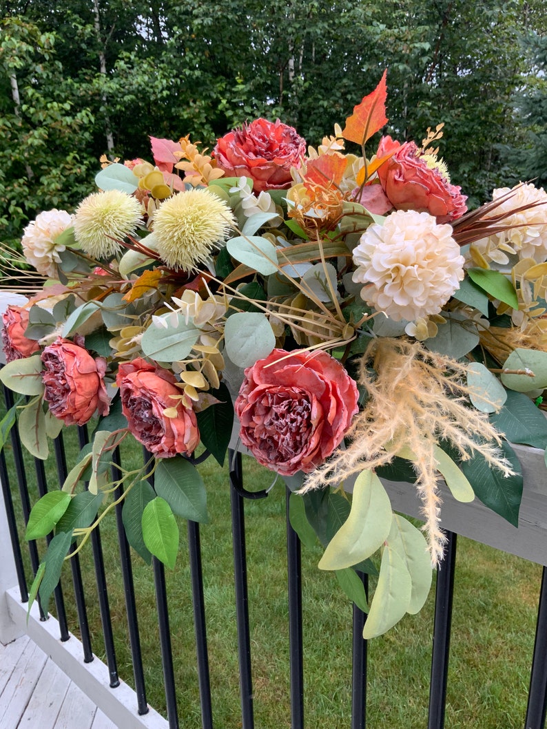 Rust Fall Headstone Saddle, Double Autumn Peony Gravestone Pillow, Floral Memorial Monument Clip ...