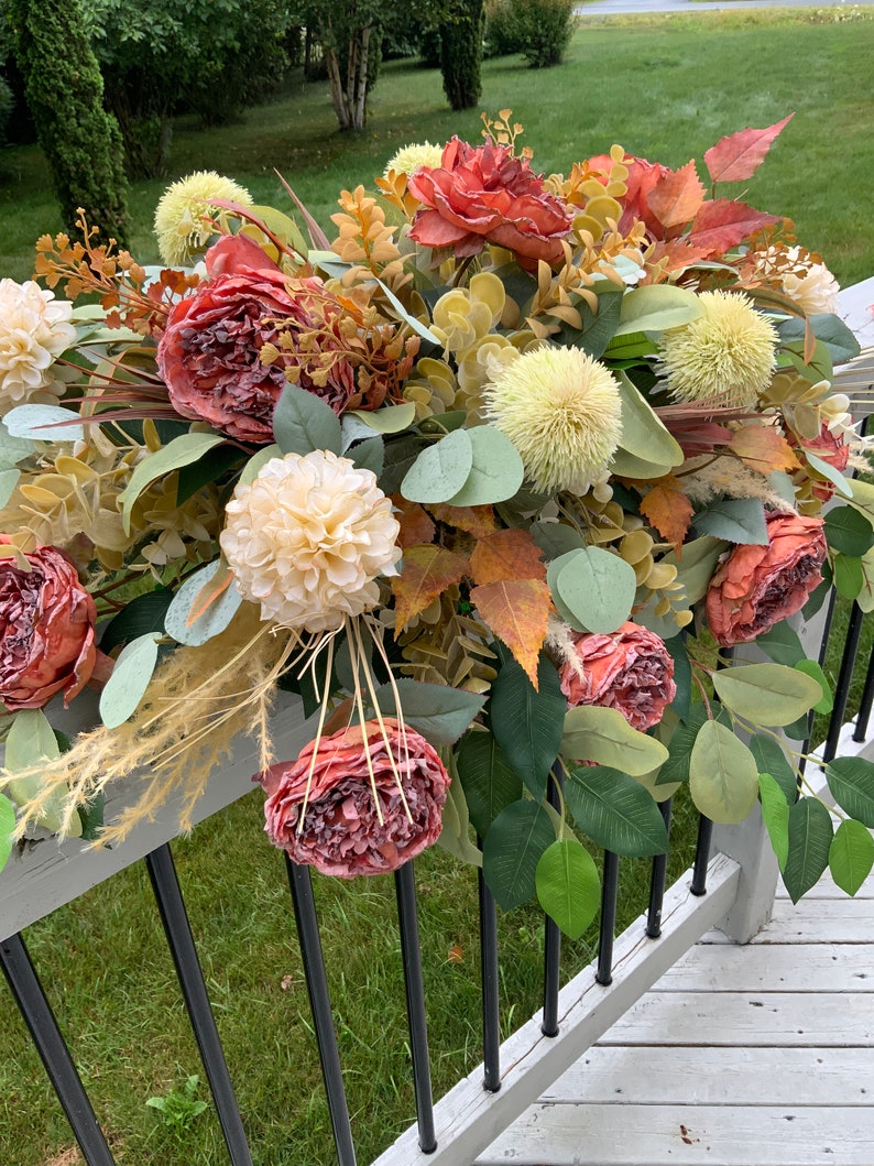 Rust Fall Headstone Saddle, Double Autumn Peony Gravestone Pillow, Floral Memorial Monument Clip ...