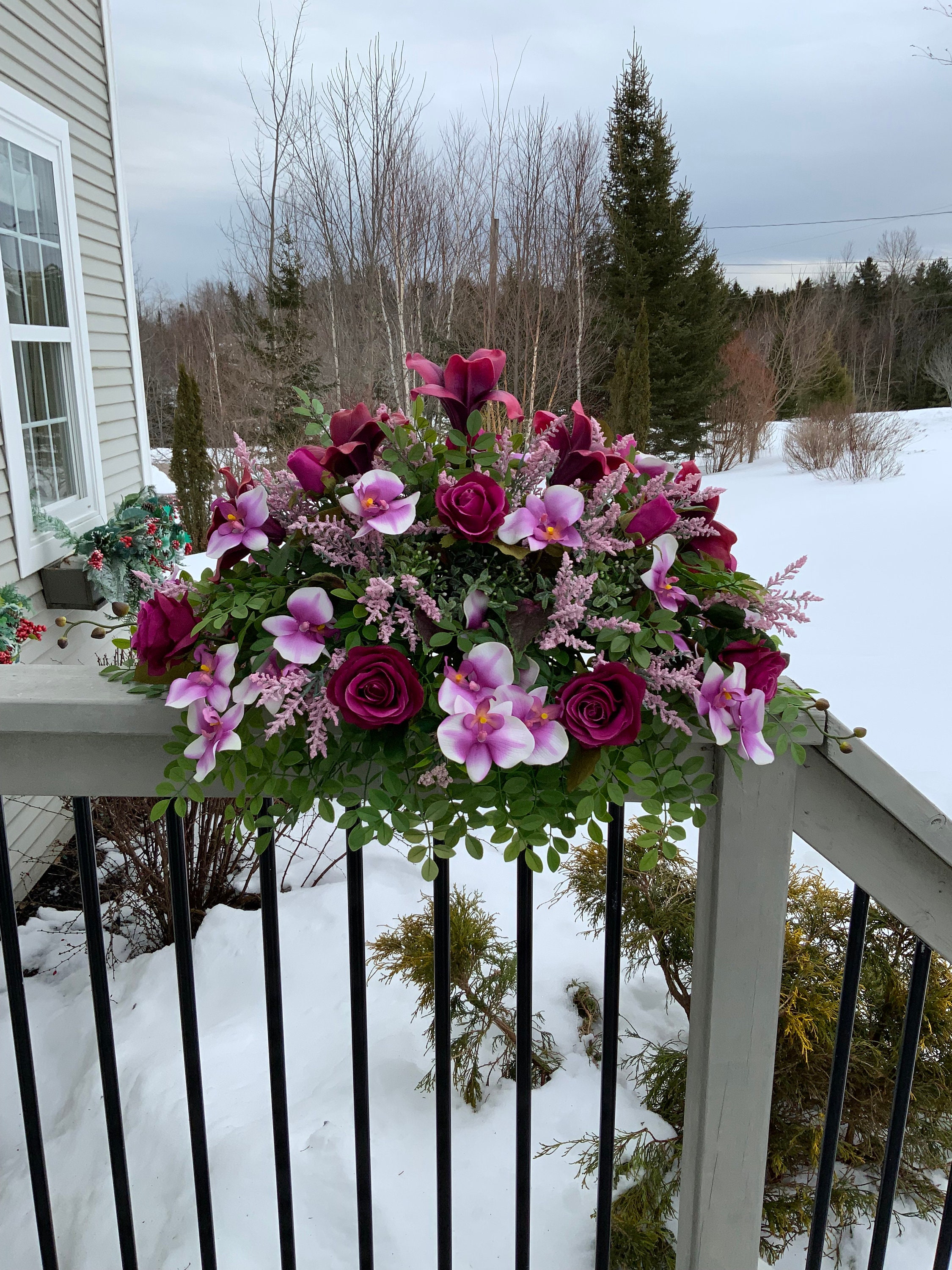 Burgundy Memorial Headstone Saddle, Luxury Real Touch Lilly Tombstone ...