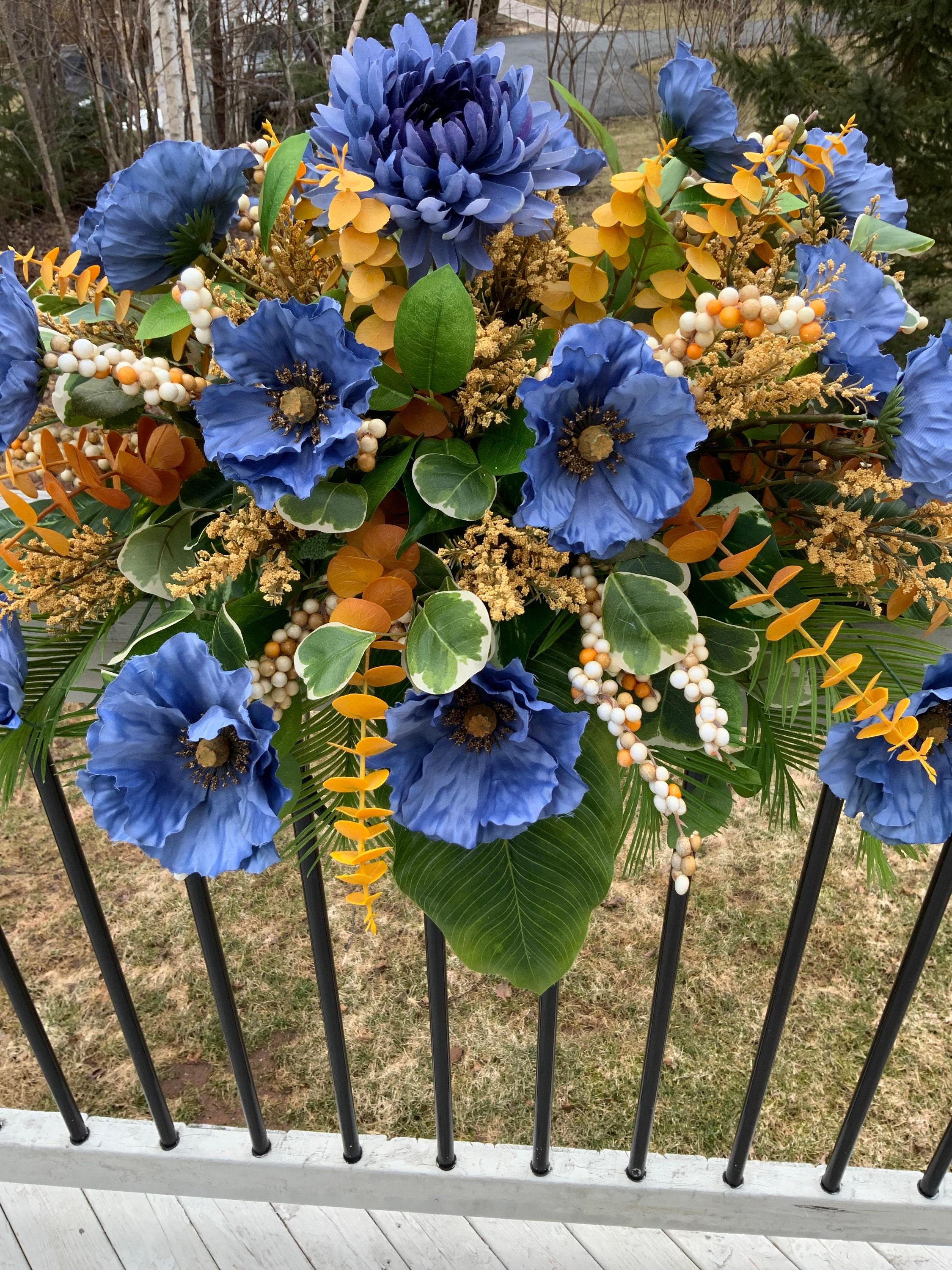 Blue Cemetery Headstone Saddle, Memorial Flowers for Gravestone ...