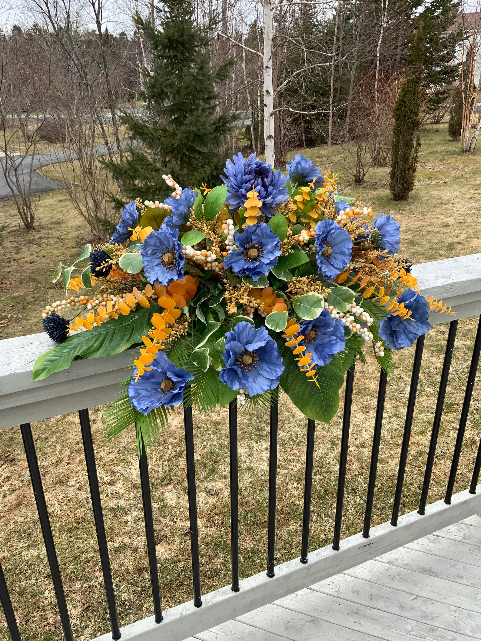 Blue Cemetery Headstone Saddle, Memorial Flowers for Gravestone ...