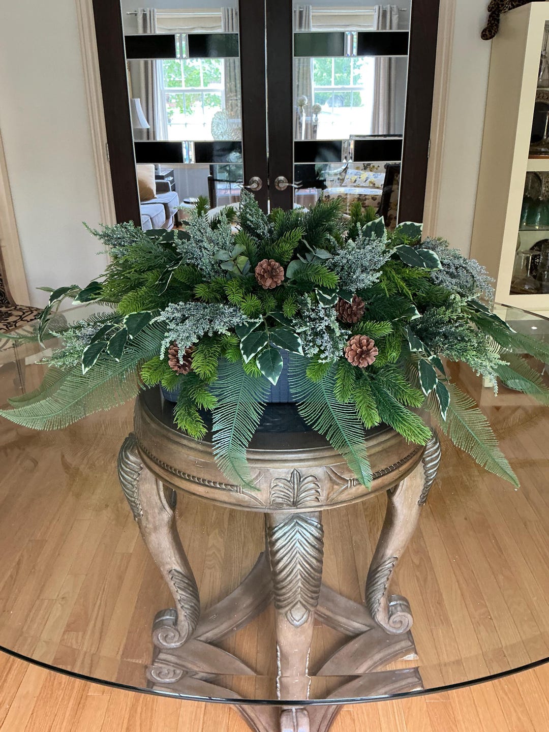 Evergreen Centerpiece With Pinecones, Faux Winter Greenery Arrangement ...