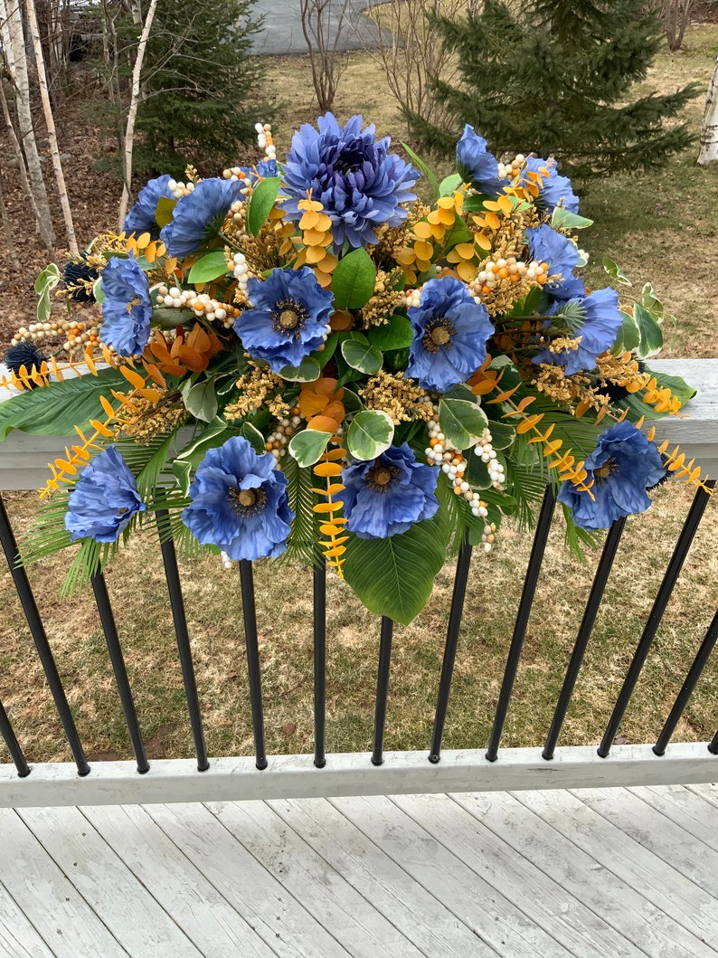 Blue Cemetery Headstone Saddle, Memorial Flowers for Gravestone ...