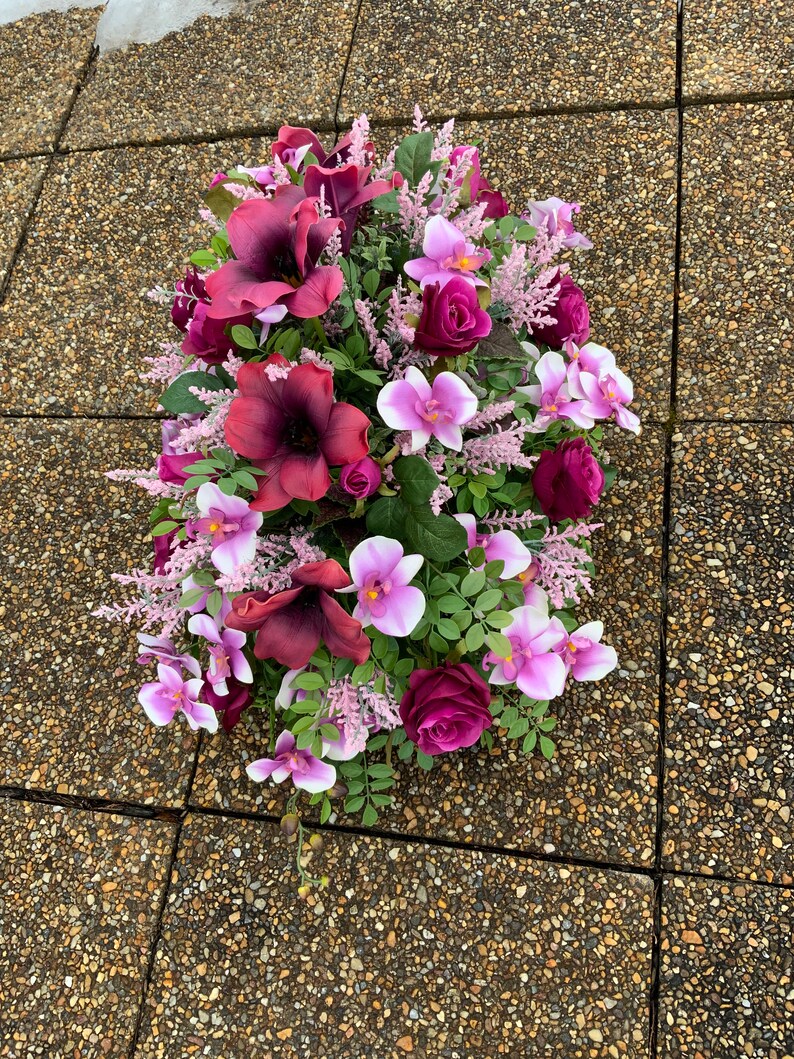 Burgundy Memorial Headstone Saddle, Luxury Real Touch Lilly Tombstone ...