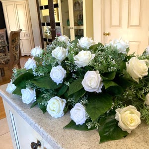 White Rose Headstone Saddle, Cemetery Memorial Spray, Sympathy Floral ...