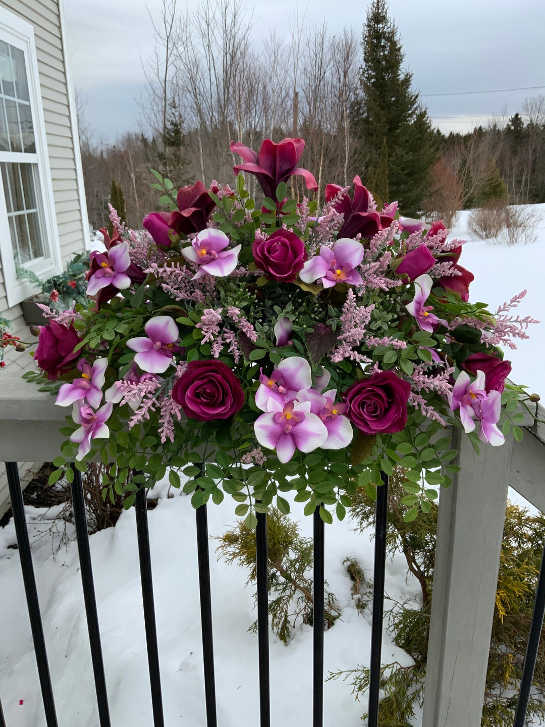 Burgundy Memorial Headstone Saddle, Luxury Real Touch Lilly Tombstone ...