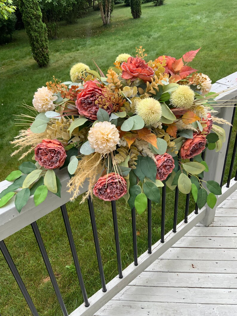 Rust Fall Headstone Saddle, Double Autumn Peony Gravestone Pillow, Floral Memorial Monument Clip ...