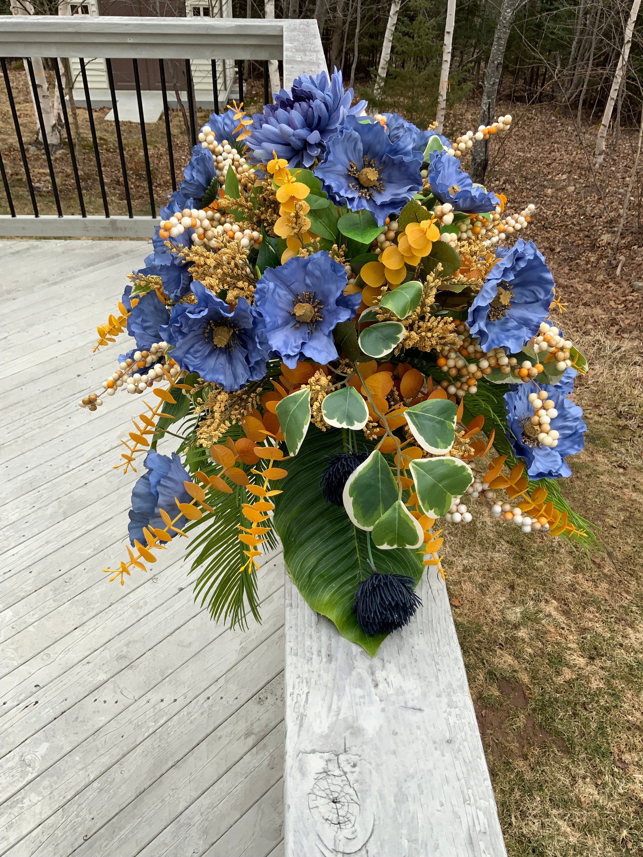 Blue Cemetery Headstone Saddle, Memorial Flowers for Gravestone ...