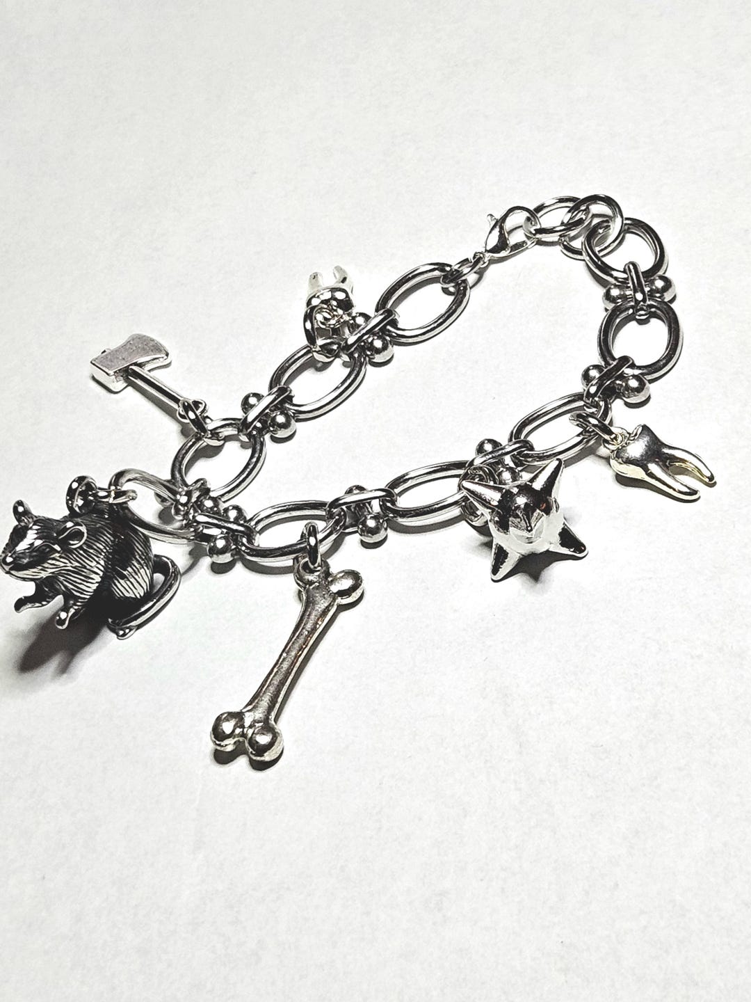 SCUM Charm Bracelet, Rat Bone Tooth Axe Flail Silver Chunky Chain - Etsy