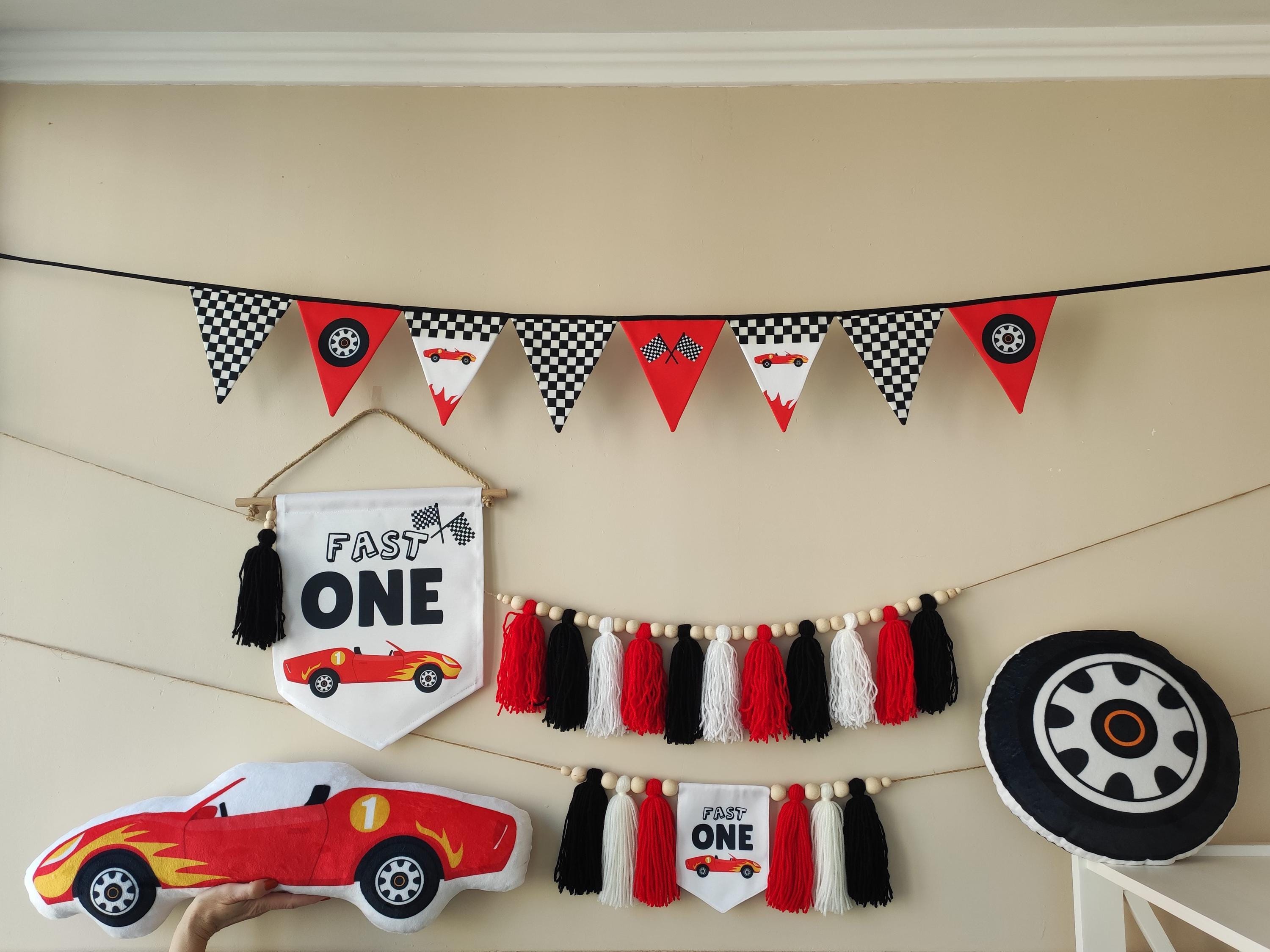 Fast One Birthday Race Car Banner, Garland Checkered Flag Racing Party ...