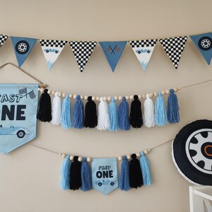 Fast One Birthday Race Car Banner, Garland Checkered Flag Racing Party ...