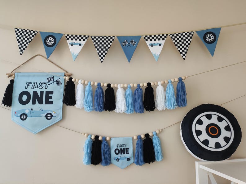 Fast One Birthday Race Car Banner, Garland Checkered Flag Racing Party ...
