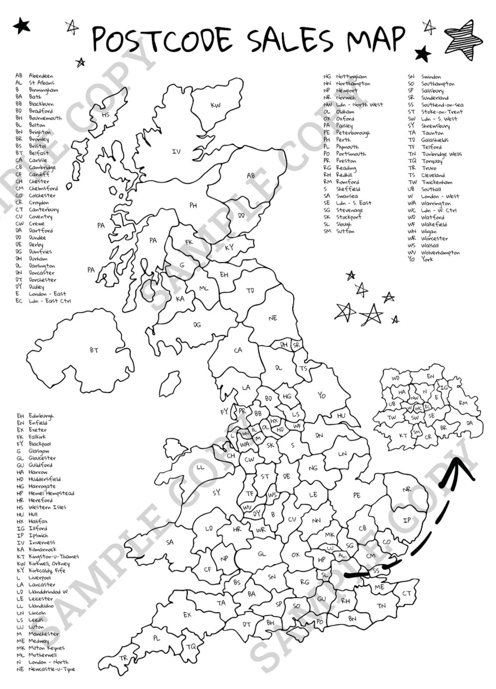 Postcode Map DIGITAL Download UK Postcode Sales Map Colour | Etsy