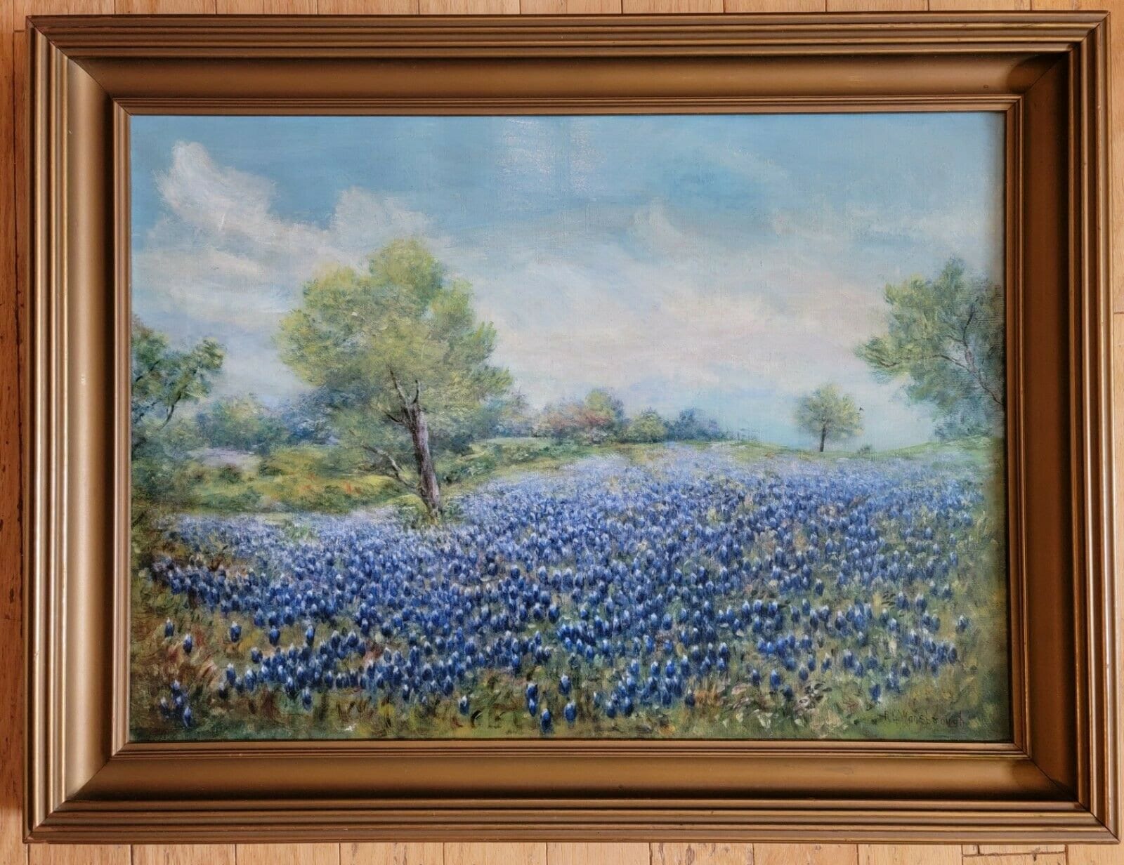Antique Texas Bluebonnets Landscape Oil on Canvas Painting Signed RL ...