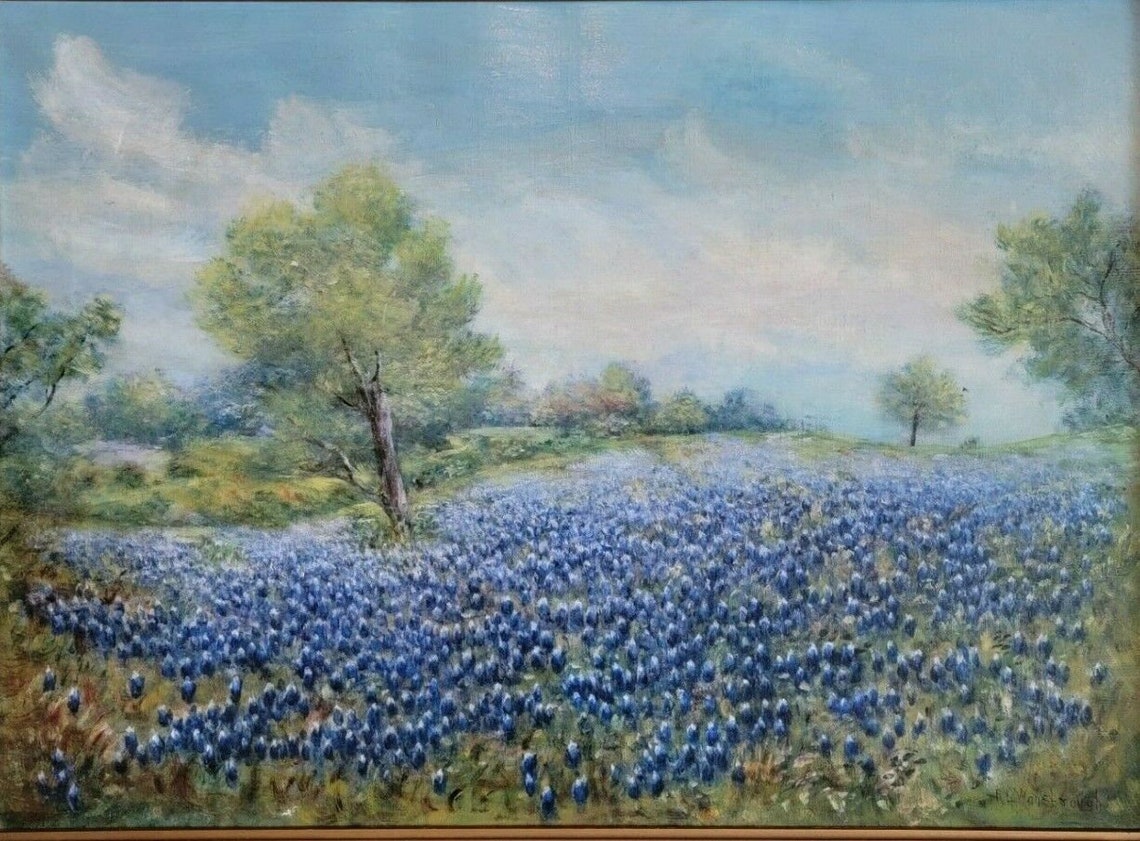 Antique Texas Bluebonnets Landscape Oil on Canvas Painting Signed RL ...